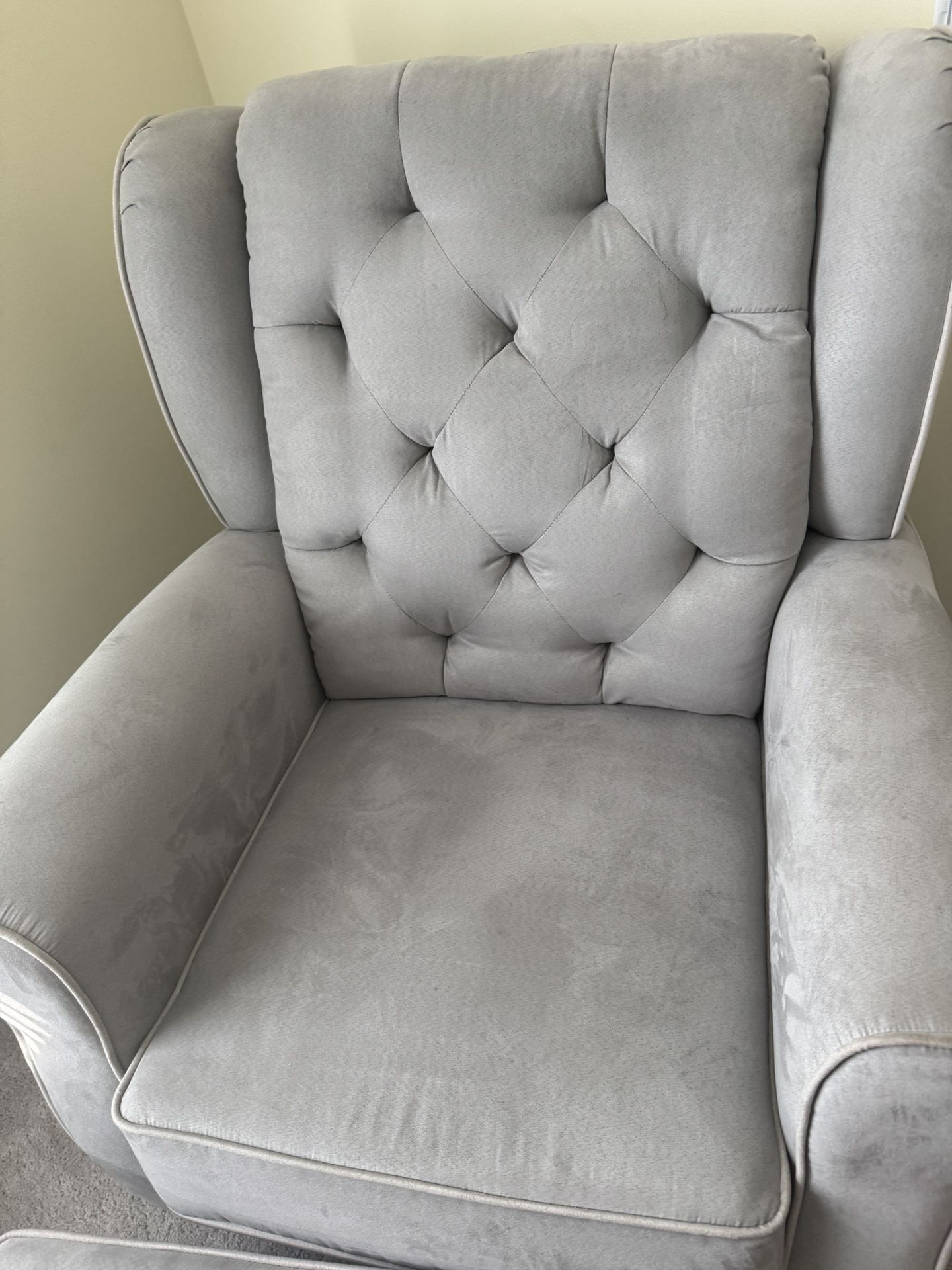 Light Gray Tufted Glider Chair with Ottoman – Gently Used for Sale in ...