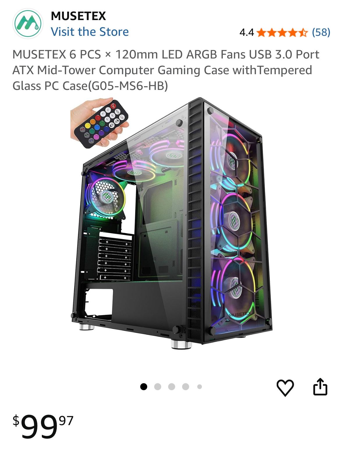 MUSETEX 6 PCS × 120mm LED ARGB Fans USB 3.0 Port ATX Mid-Tower Computer ...