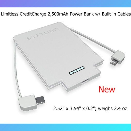 New Limitless CreditCharge 2,500mAh Power Bank w/ Built-in Cables for ...