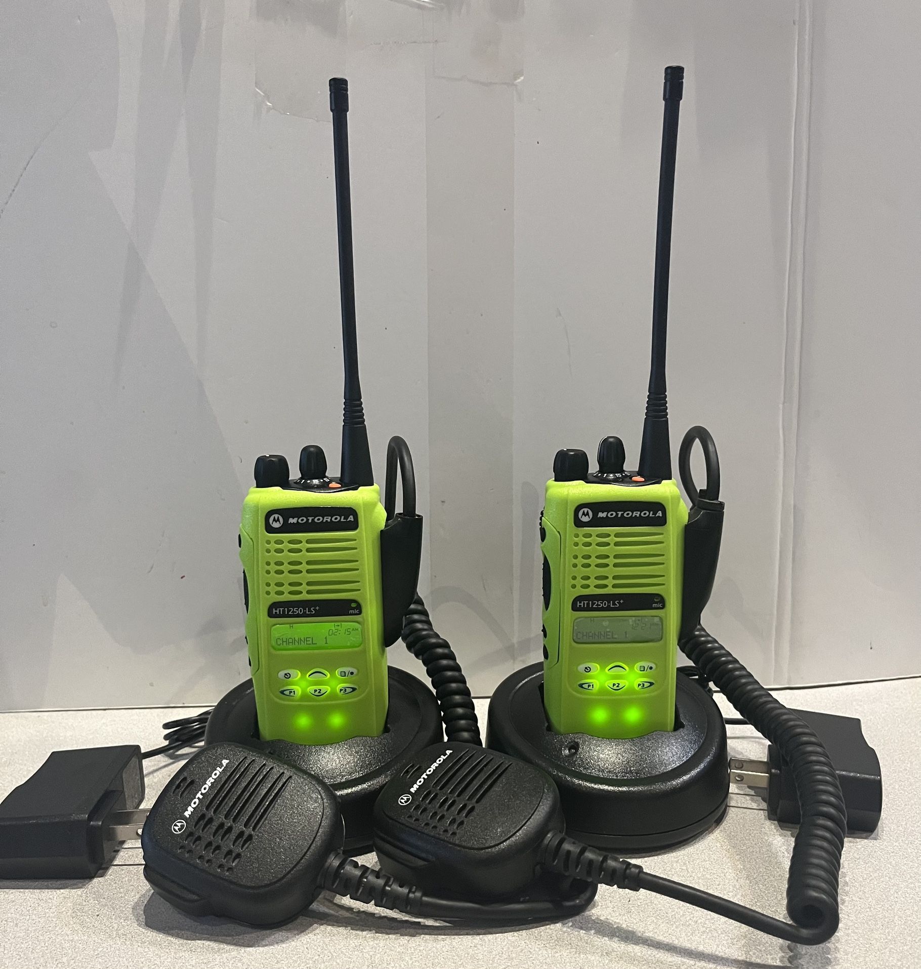 2 X Motorola HT1250 LS+ UHF Two Way Radio Set NEON GREEN W/Speaker Mics ...