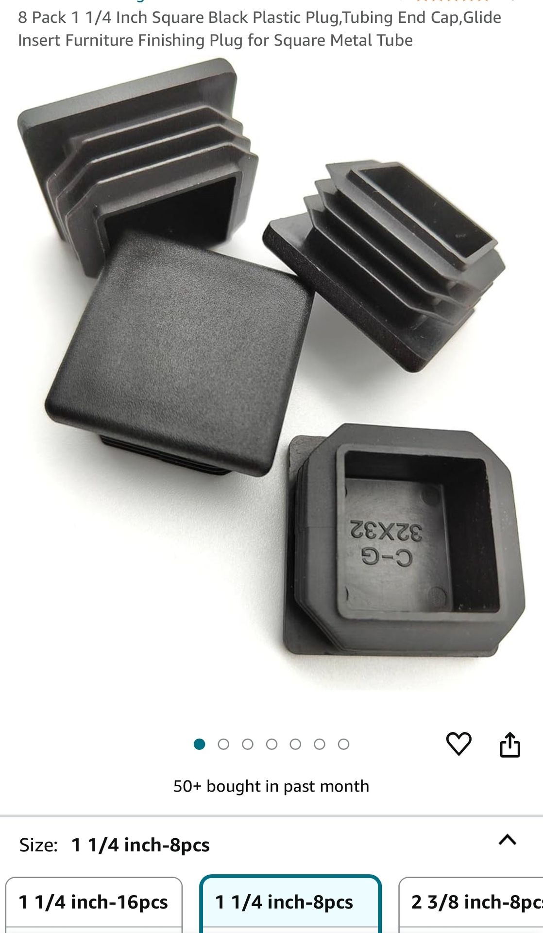 8 Pack 1 1/4 Inch Square Black Plastic Plug,Tubing End Cap,Glide Insert ...