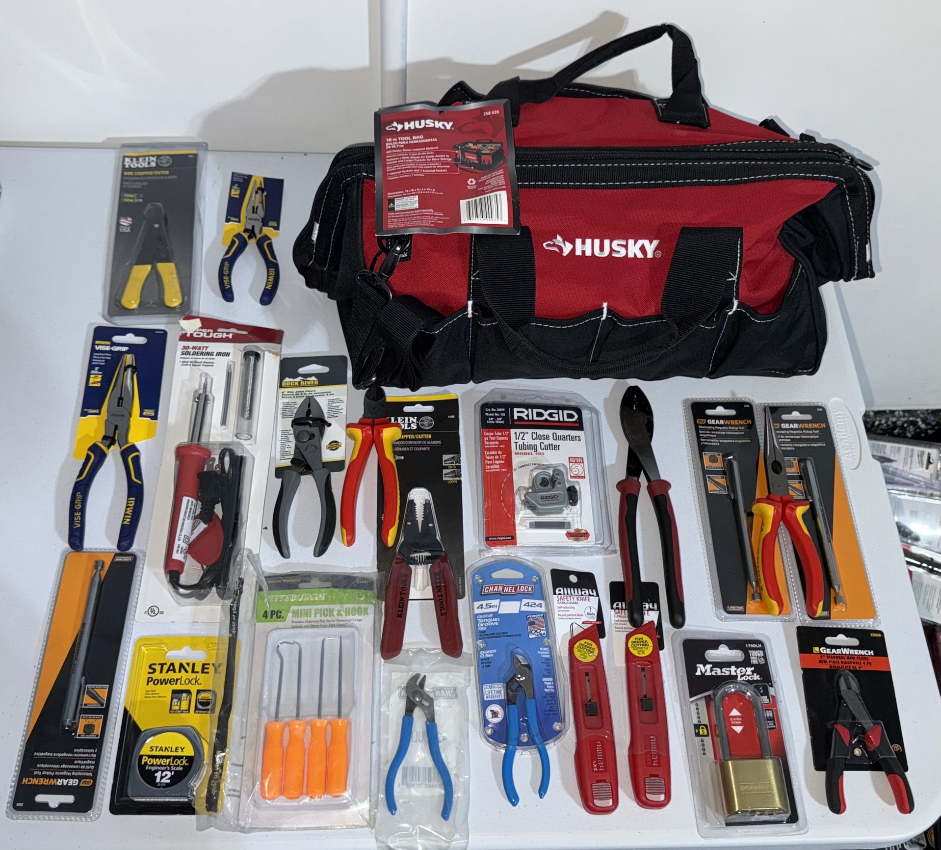 NEW Husky Tool Bag + 15 Tool Bundle (Klein, GearWrench, Ridgid, Stanley ...