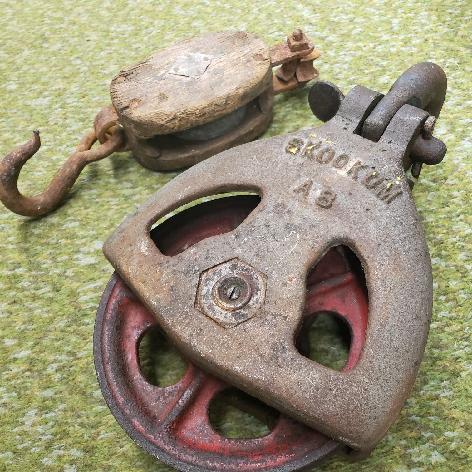 Vintage block pulleys! Skookum cast iron and wood Hook for Sale in ...