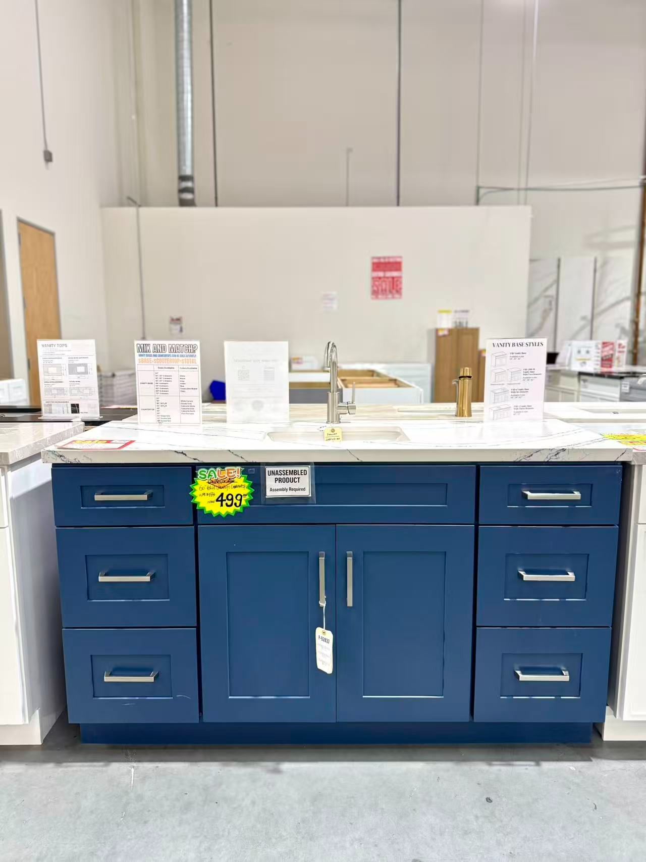 60” Solid Wood Blue Shaker Vanity with White and Blue Vein Quartz Top ...
