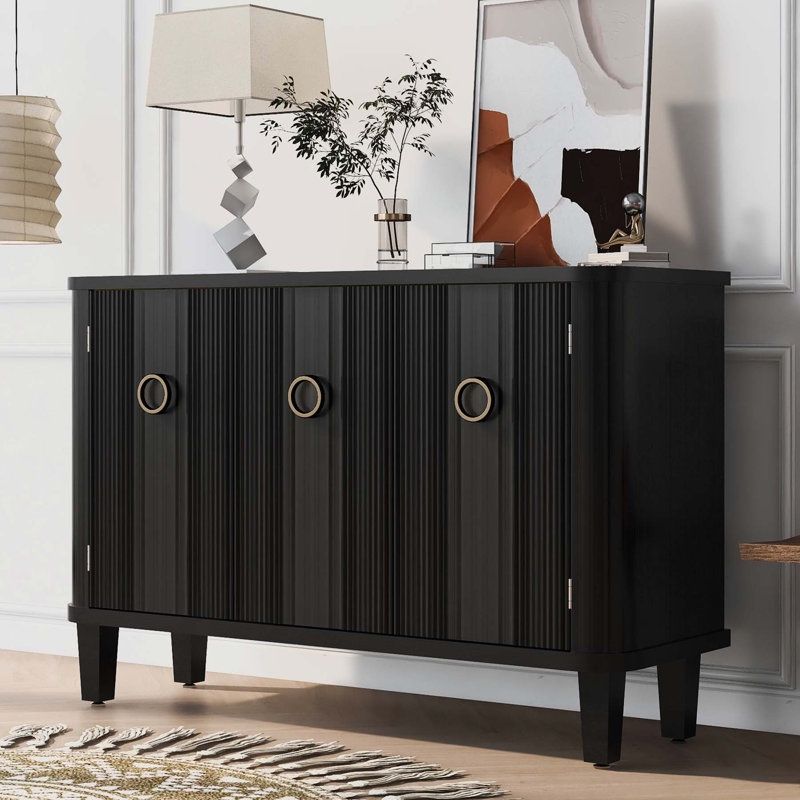 47” Modern Black Sideboard / Buffet w/ 4-Door Storage Cabinet & Gold ...