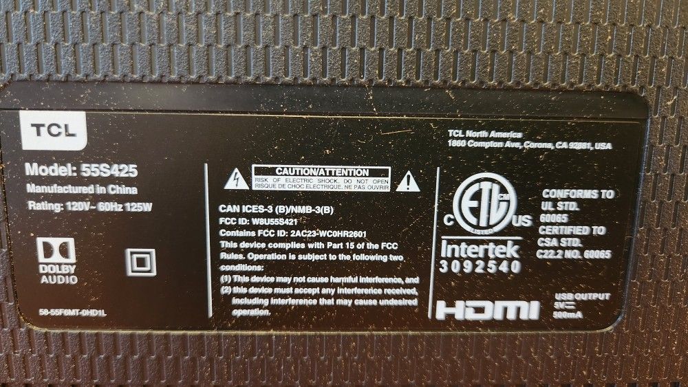 TCL Model 55S425 55" Smart LED Roku TV For Parts or Repair for Sale in ...