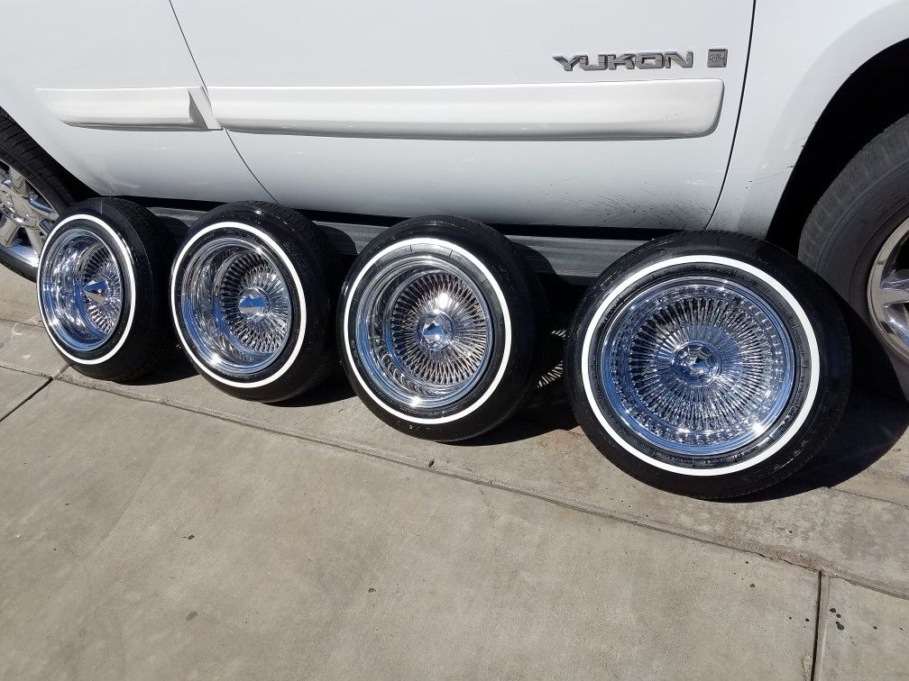 13x7 100 spoke wire rims new knockoffs 155/80/13 lowrider white wall ...