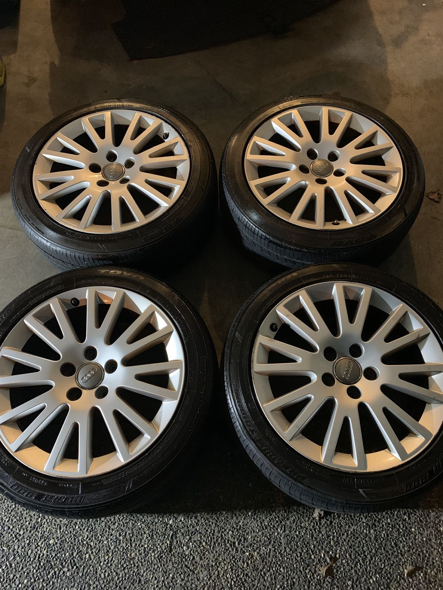 (Set of 4) 17”x7.5” Audi OEM Wheels ET56&Tires-60% tread on Toyo Tires ...