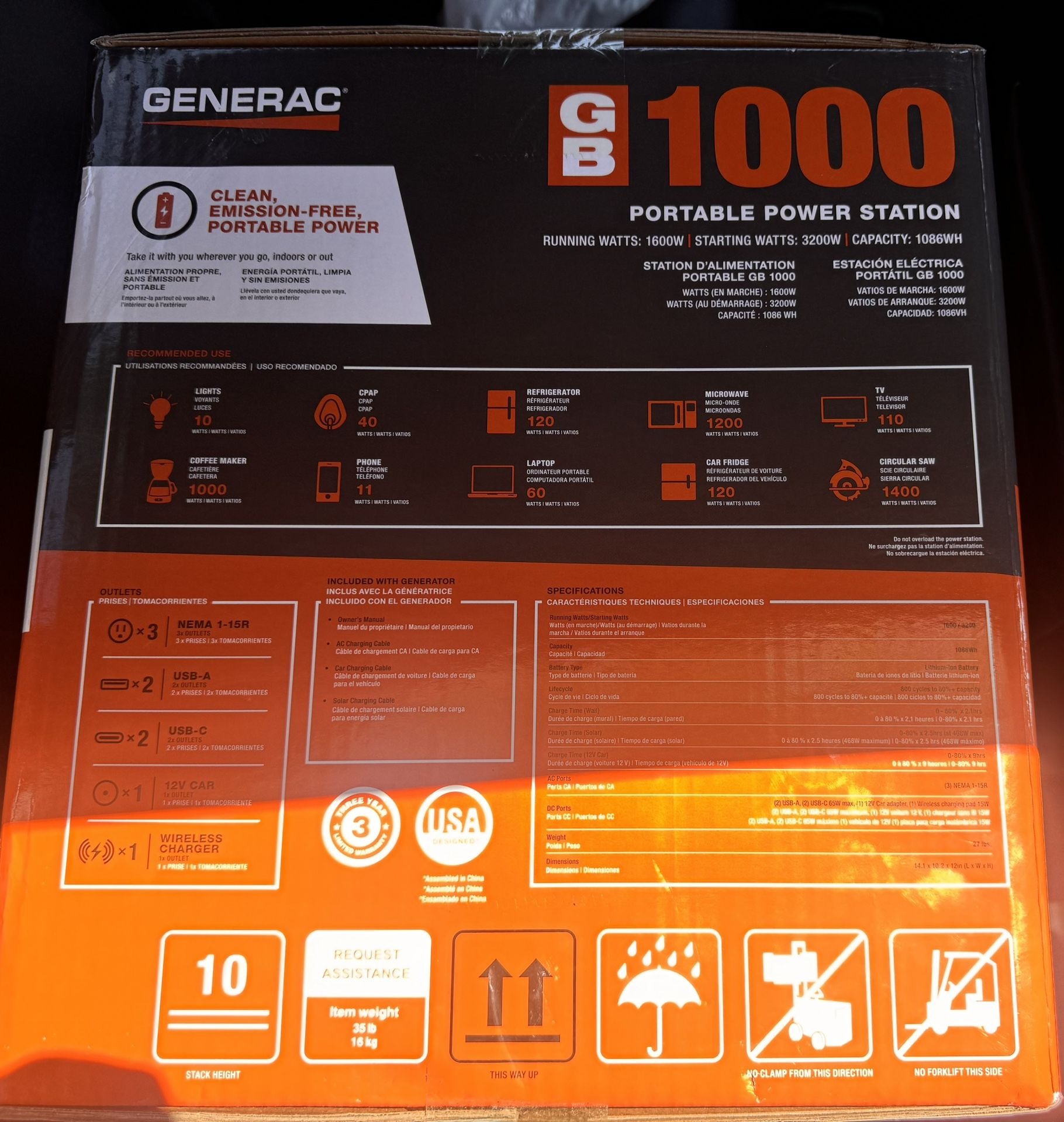 Generac (model# GB1000) 1600W Output / 3200 Peak 1086Wh Portable ...