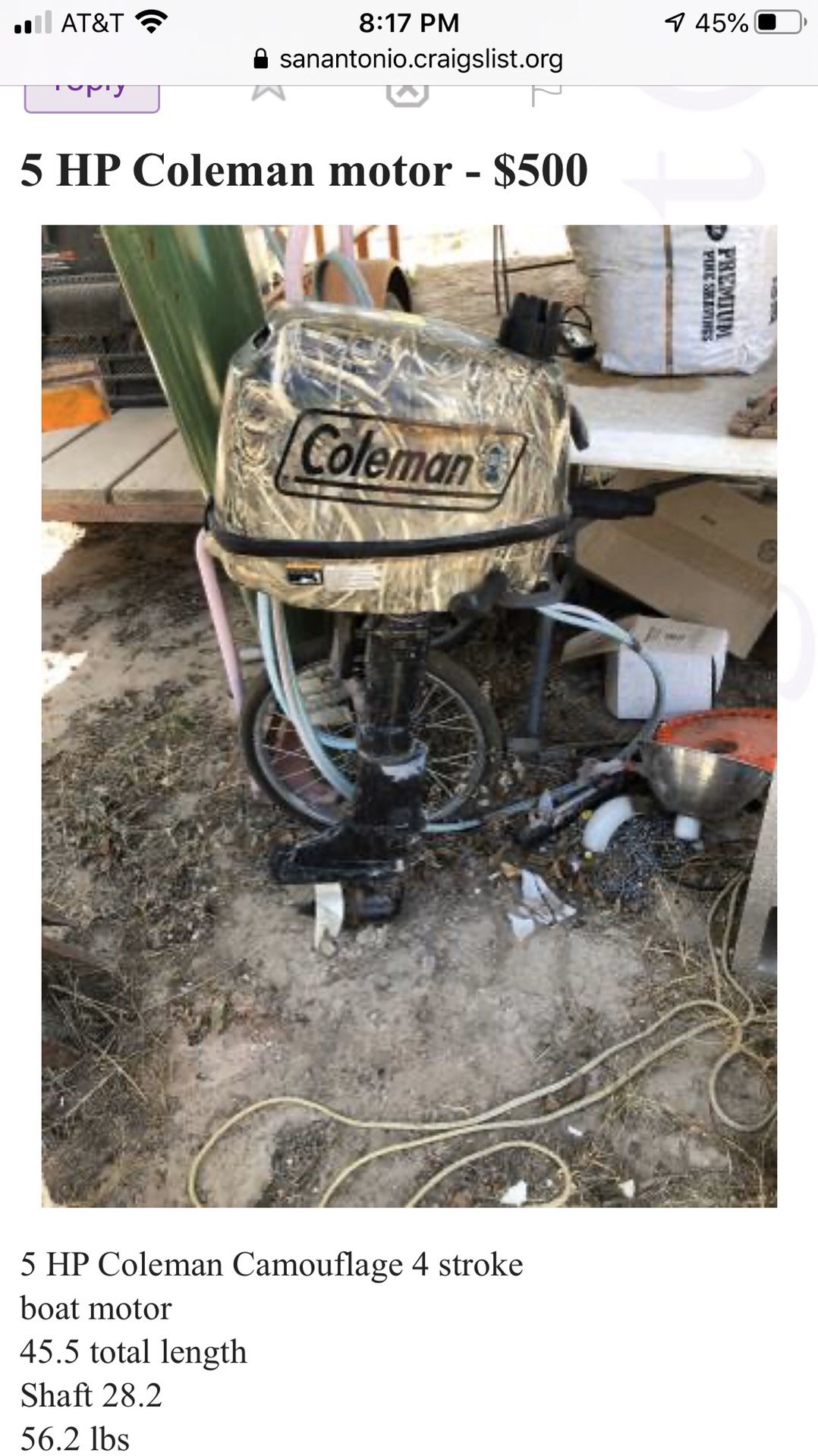 Coleman 5 HP camouflage 4 Stroke boat motor for Sale in Crystal City ...
