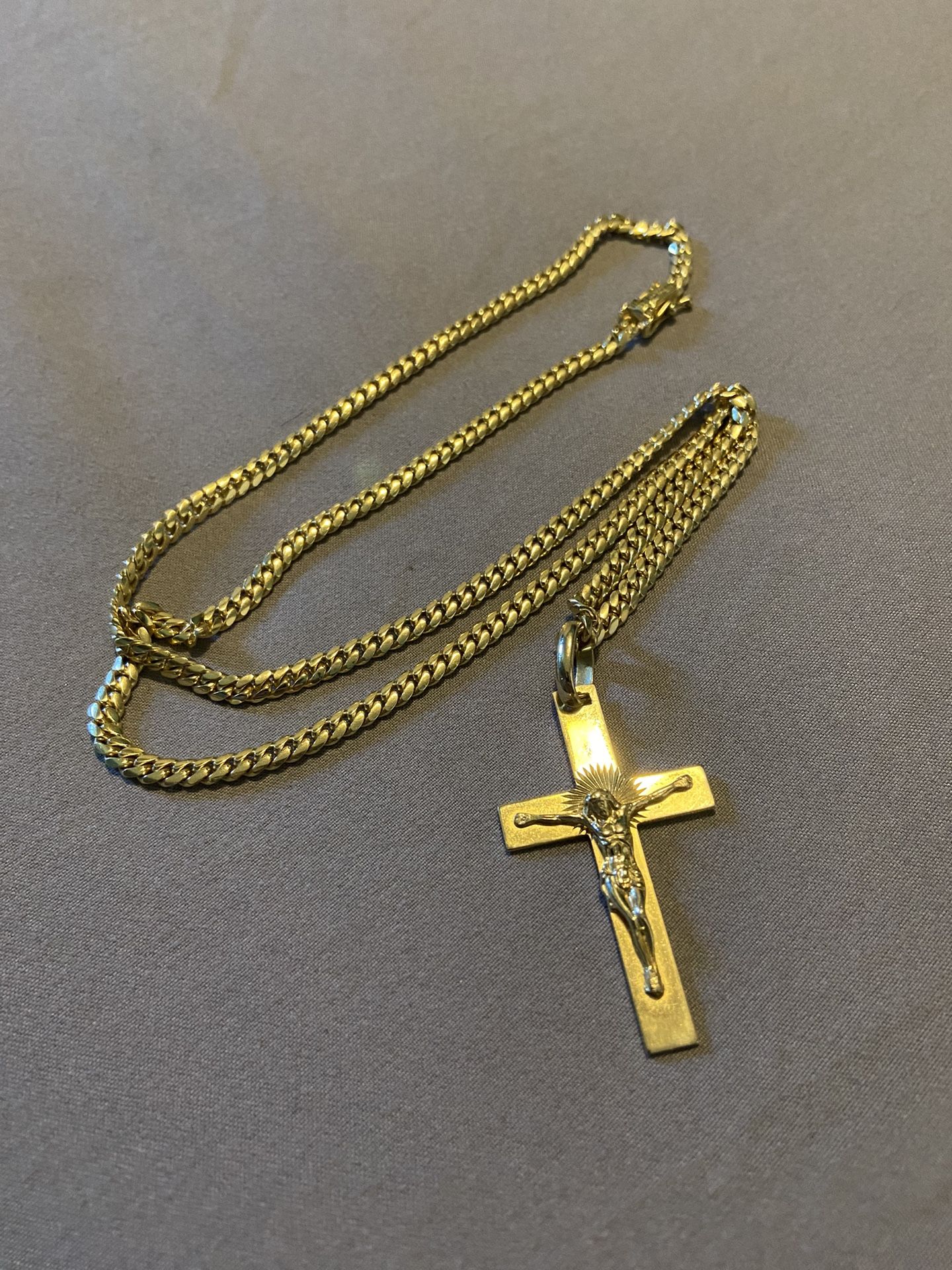 14k Solid Gold Cuban Link Cross Chain Pendant Necklace Cadena Oro for ...