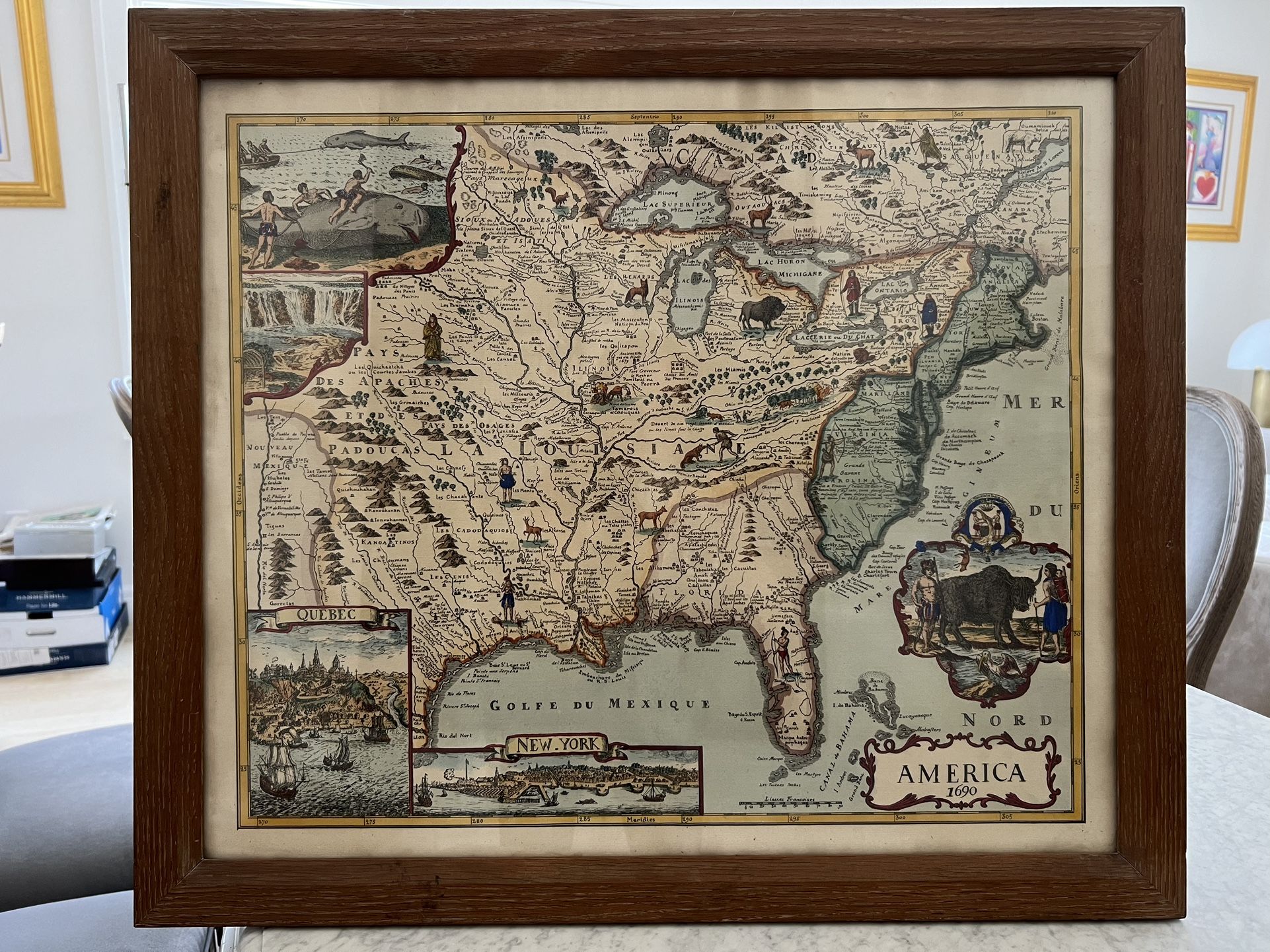 French Framed Illustrated Map Of America 1690 for Sale in Greenwich, CT ...
