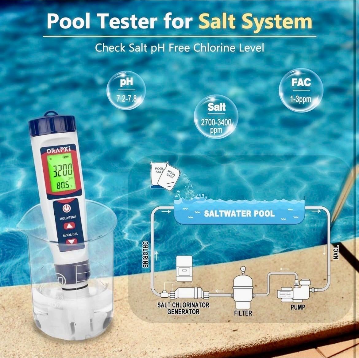 ORAPXI Pool Salt Tester Free Chlorine Tester Digital Chlorine pH Tester ...