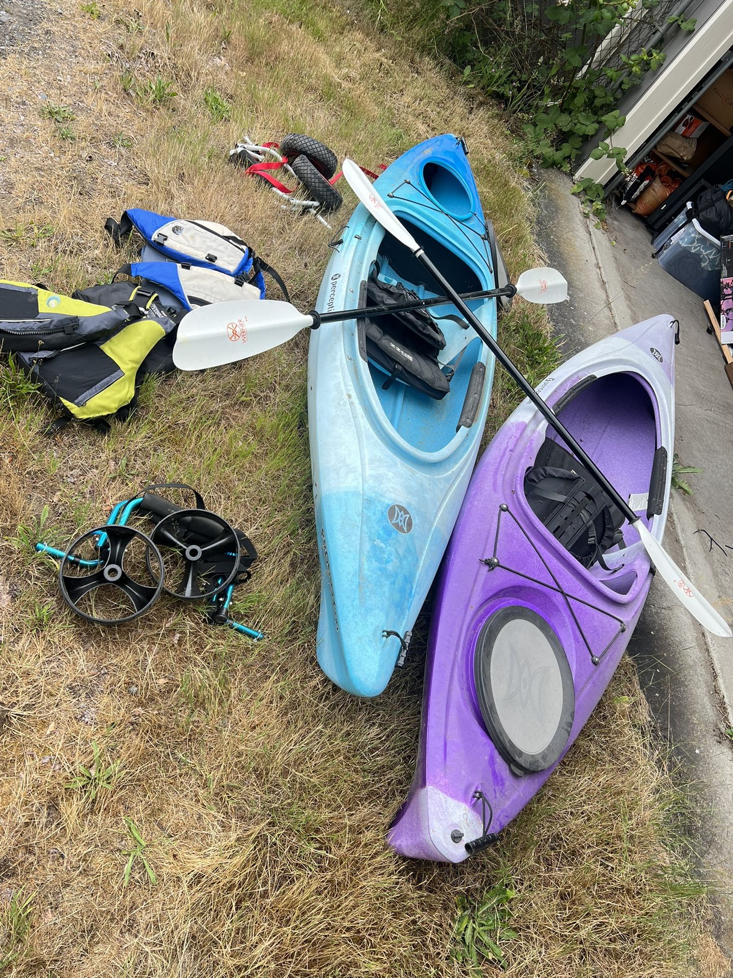 2 Perception Kayaks - w/ paddles, life jackets, and wheel trolleys for ...