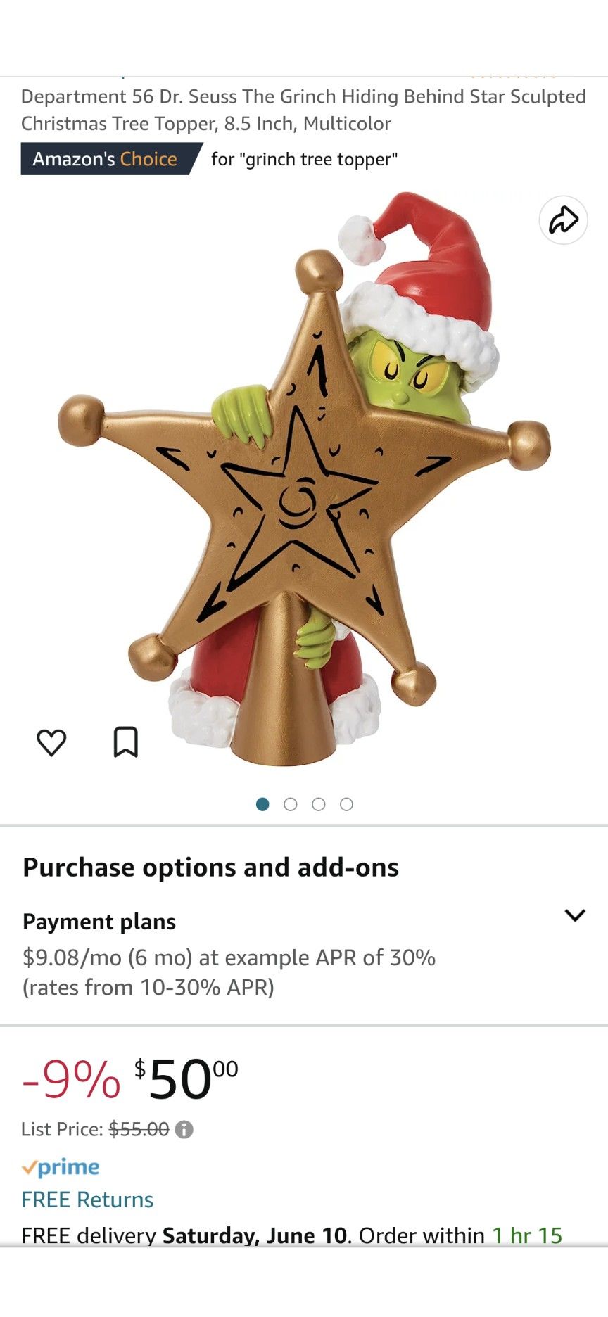 Department 56 Dr. Seuss The Grinch Hiding Behind Star Sculpted ...