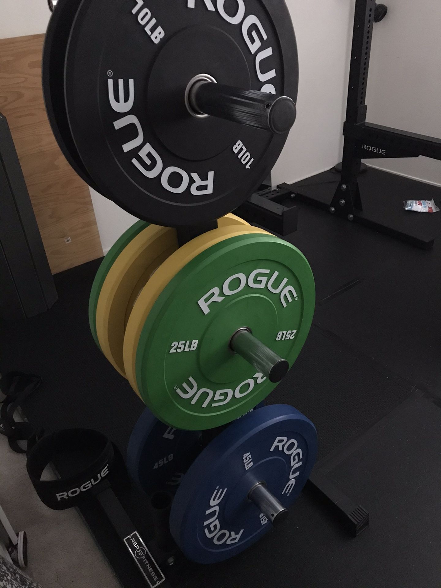 Rogue Fitness Colored Echo Bumpers with rep fitness weight tree for ...