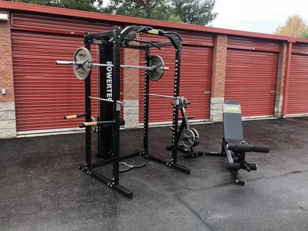 Powertec cage w/pulley system handle grip weights, bench & weight rack ...