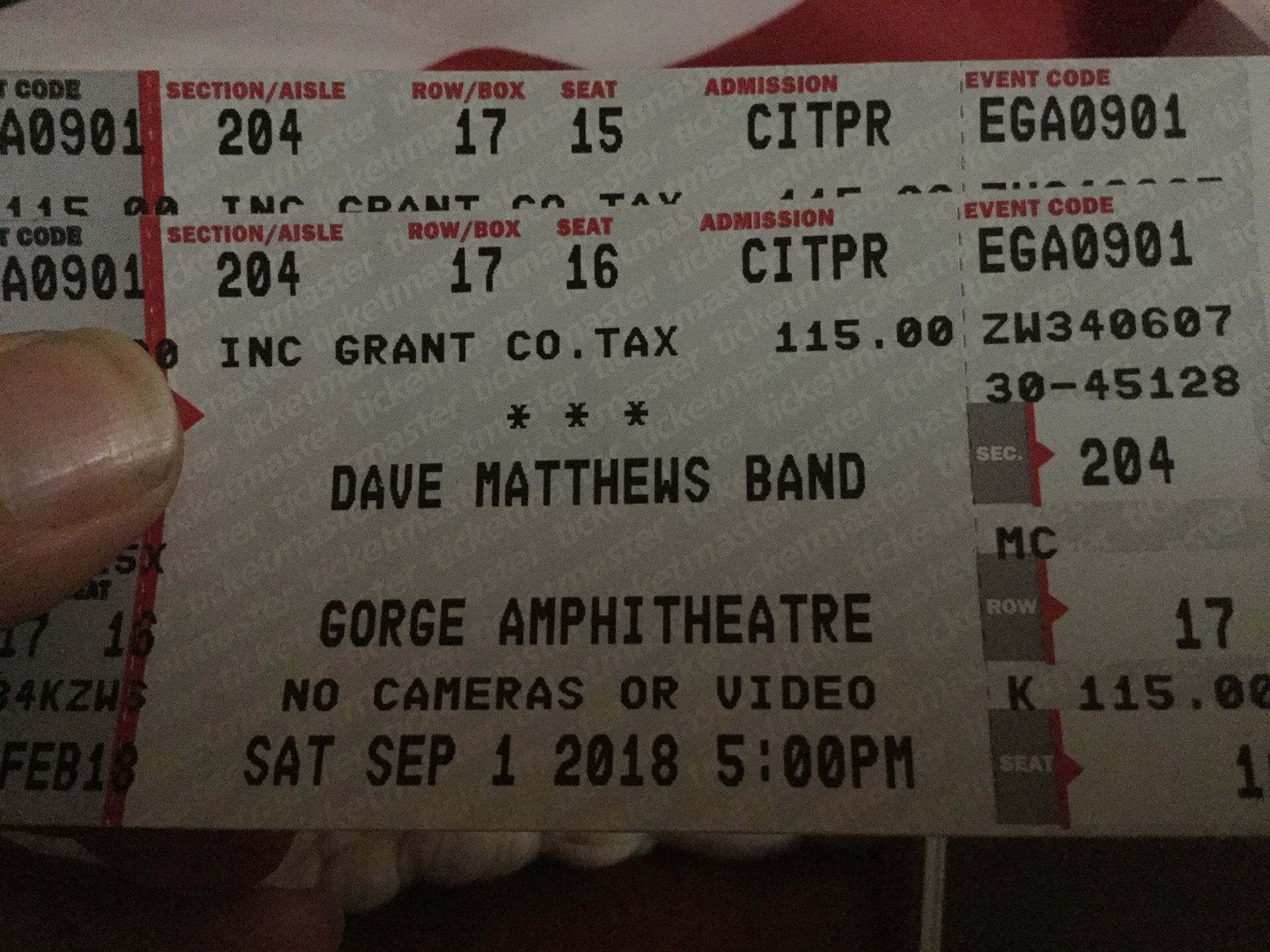 DMB Tickets, Gorge Amphitheater, Sat Sept 1st, Sec 204, row 17, Seat 15 ...