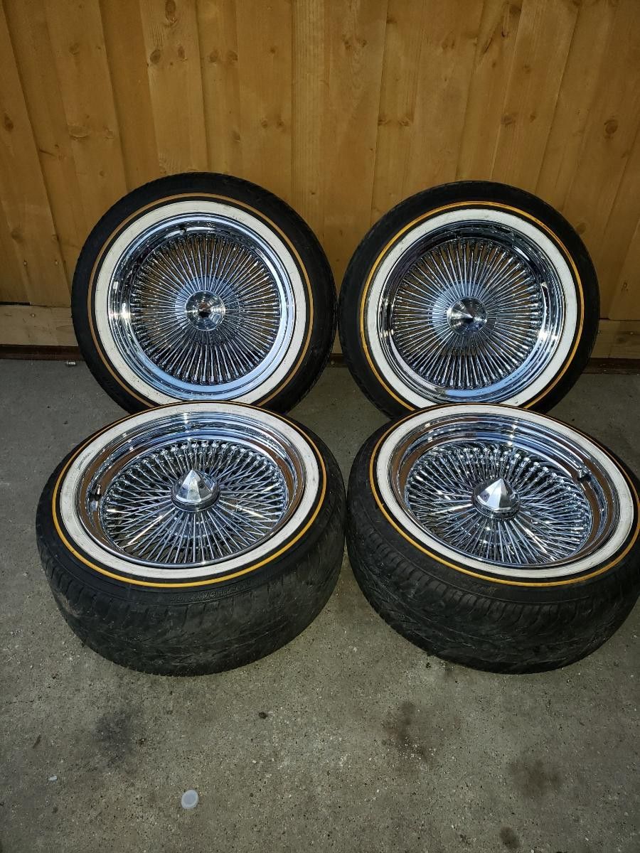 Brand new 17" chrome 100 spoke wire wheels and good vogue tires for ...