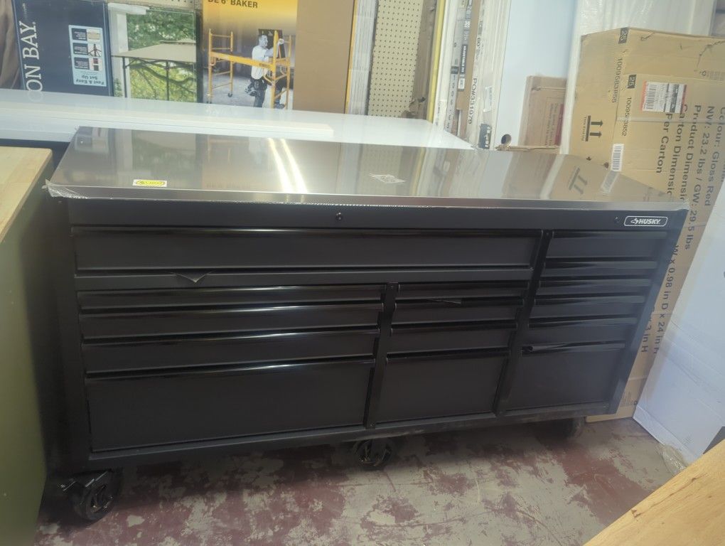 Husky 72 in. W x 24 in. D Heavy Duty 15-Drawer Mobile Workbench Cabinet ...