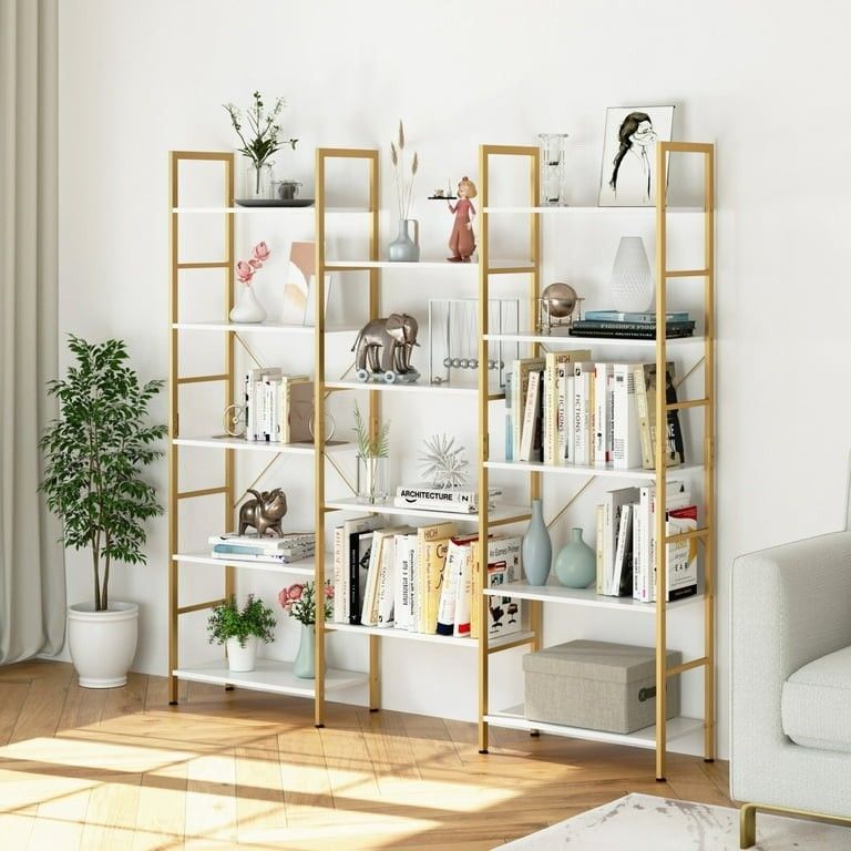 Homfa 5 Tier Gold and White Bookshelf Triple Wide Open Display Shelf Large Storage Bookcase with Metal Frame for Sale in Ontario CA OfferUp