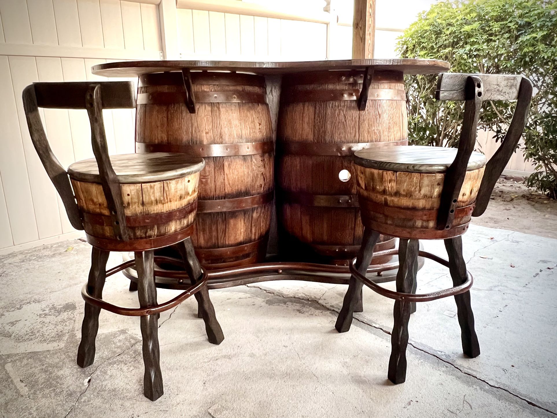 Split Whiskey Barrel Bar + 2 Barrel Bar Stool Chairs for Sale in Belle ...