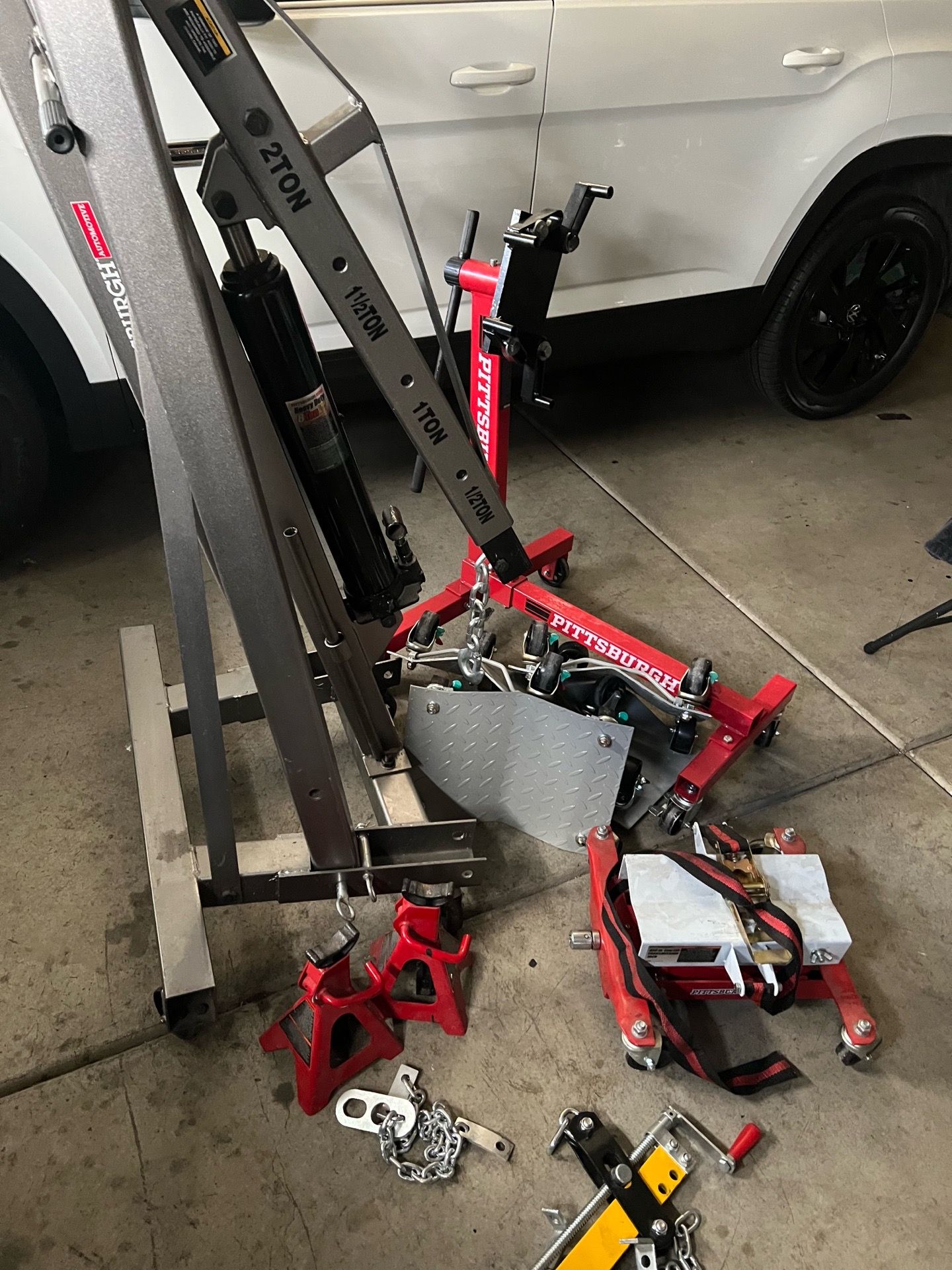 Engine hoist, stand, chains, skates, leveler, trans jack for Sale in ...
