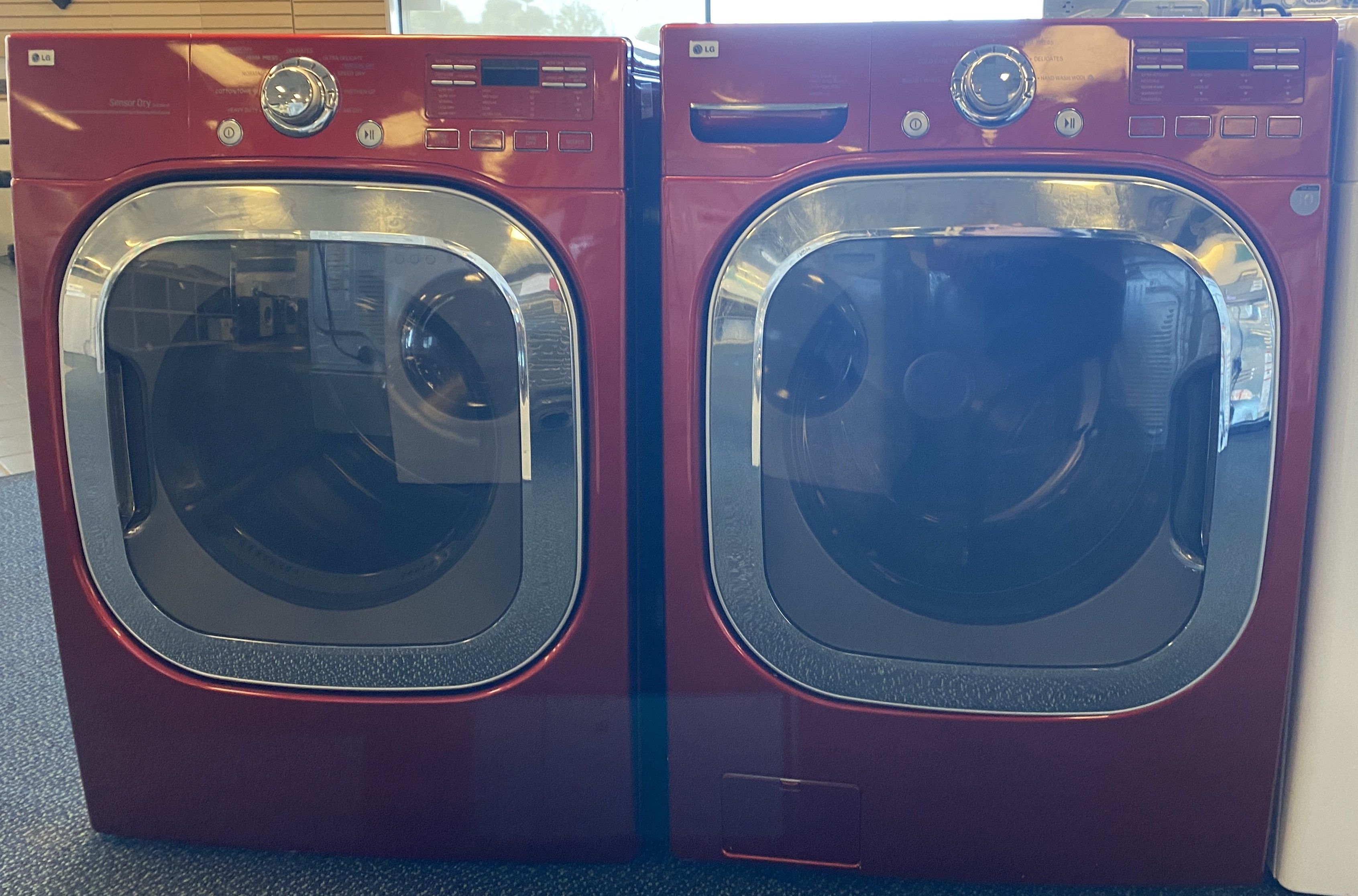 Red LG Front Load Washing Machine and Electric Dryer Set with Side Vent ...