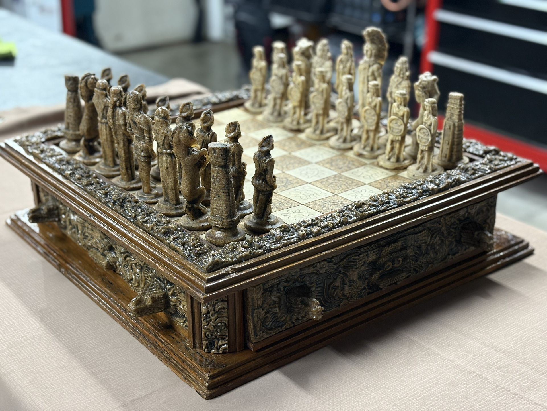 Antique-Style Hand-Carved Chess Set with Ornate Storage Base for Sale ...