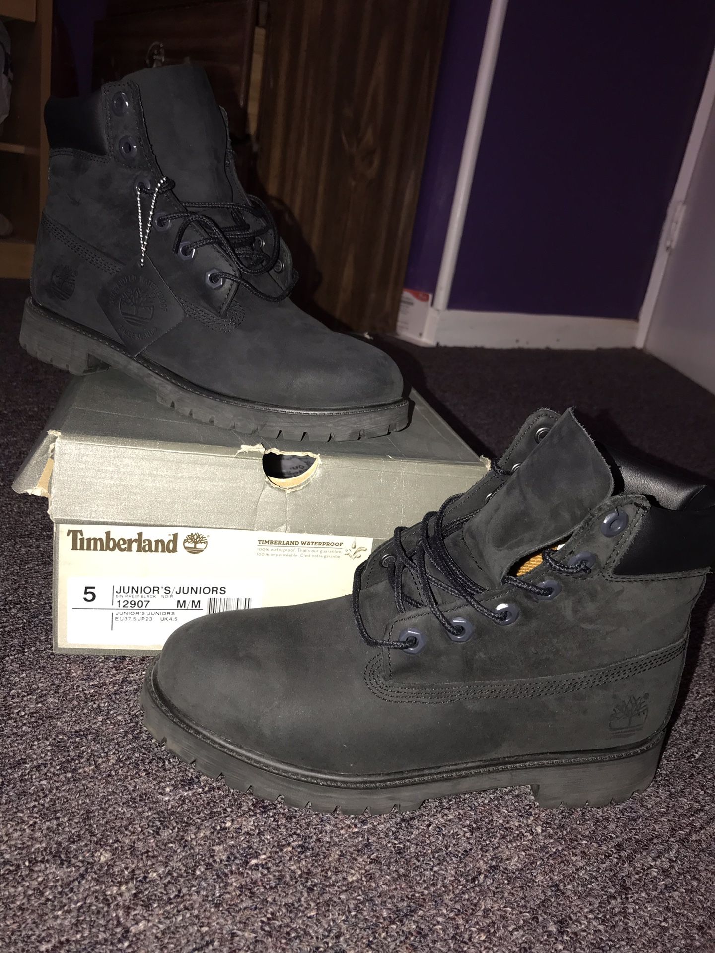 Black Timberland construction boots timbs constructs size 5 youth boys ...
