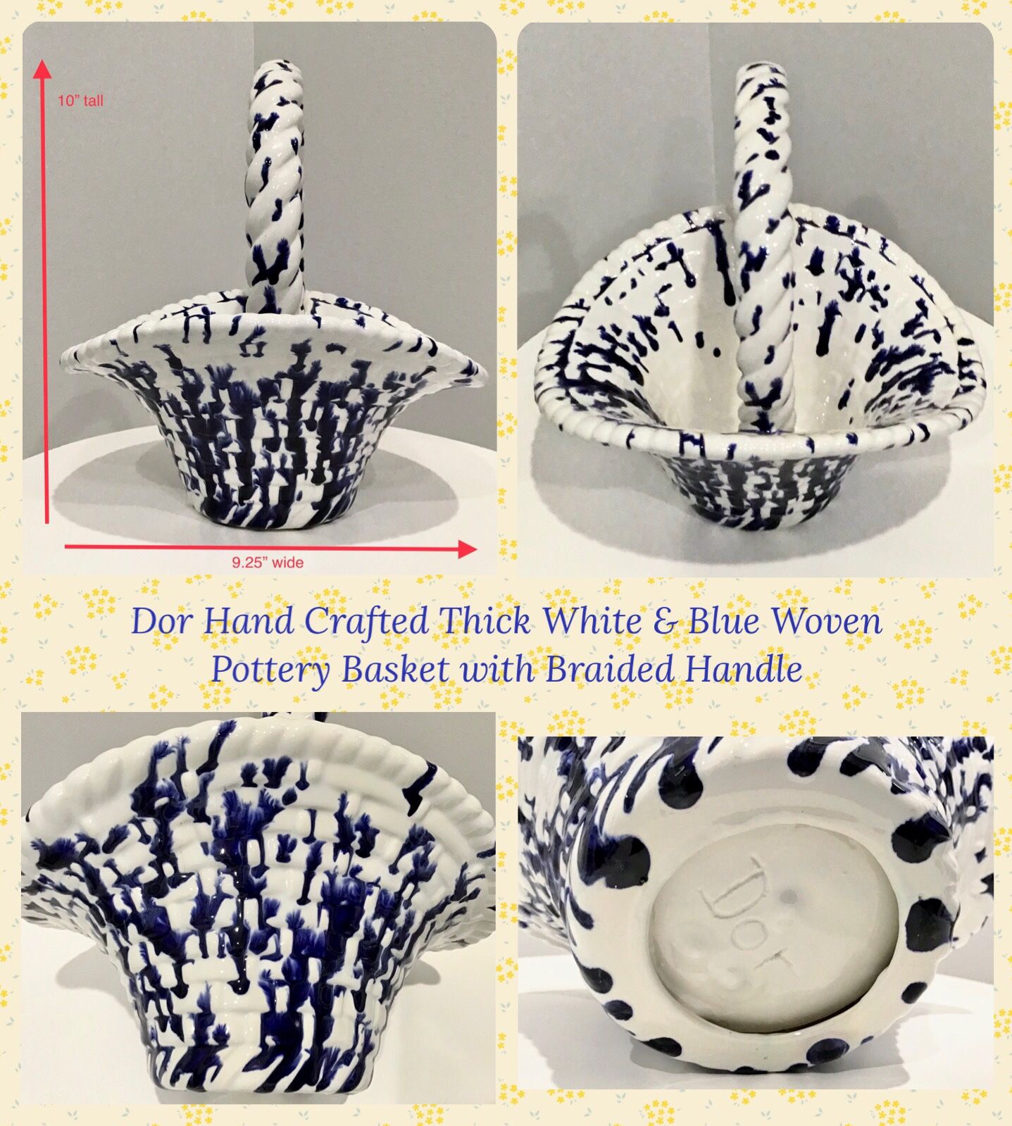 Dor Hand Crafted Thick White & Blue Woven Pottery Basket with Braided ...