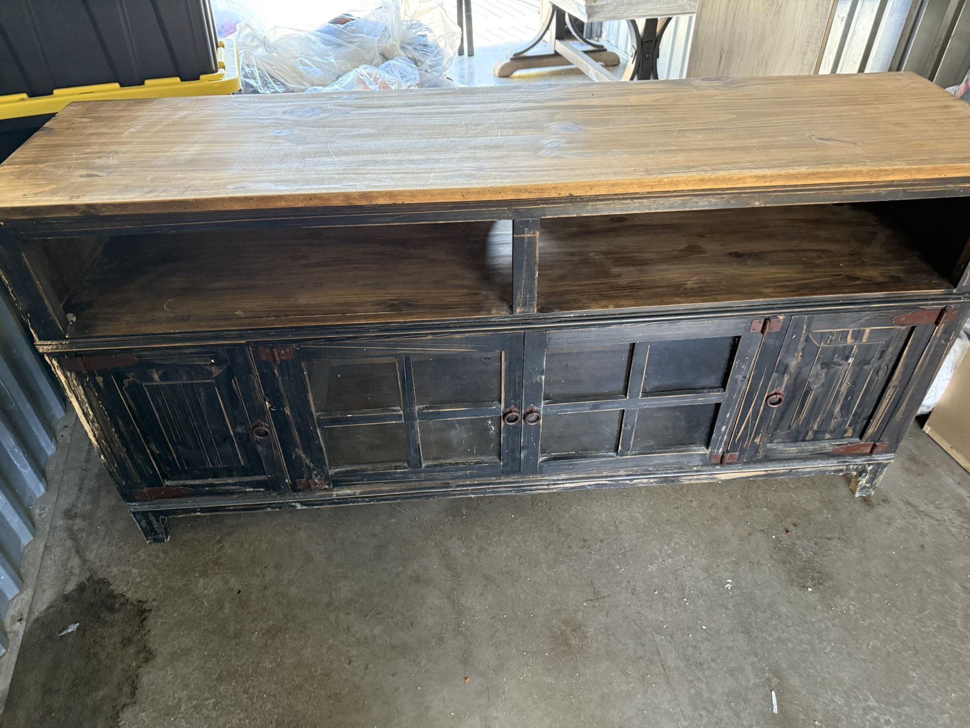 Black entertainment center vintage wood looking has 4 shelves in bottom ...