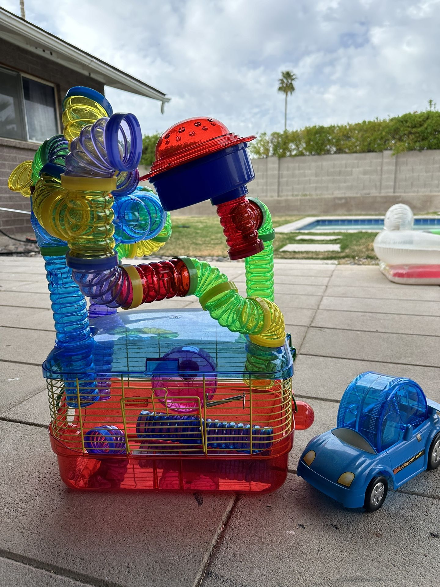 hamster cage with tubing and a hamster wheel car toy for Sale in ...