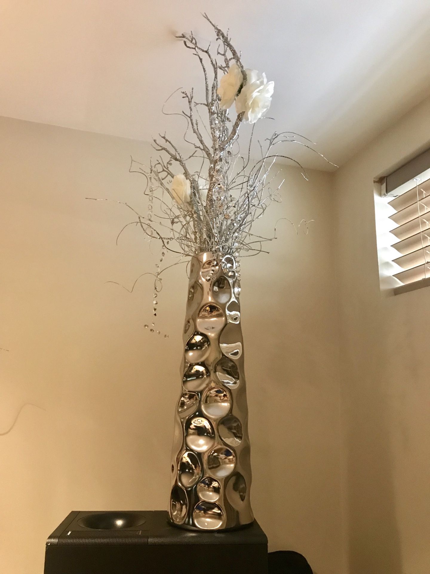 Centerpieces silver Vase & silver branches & crystals, holidays ...