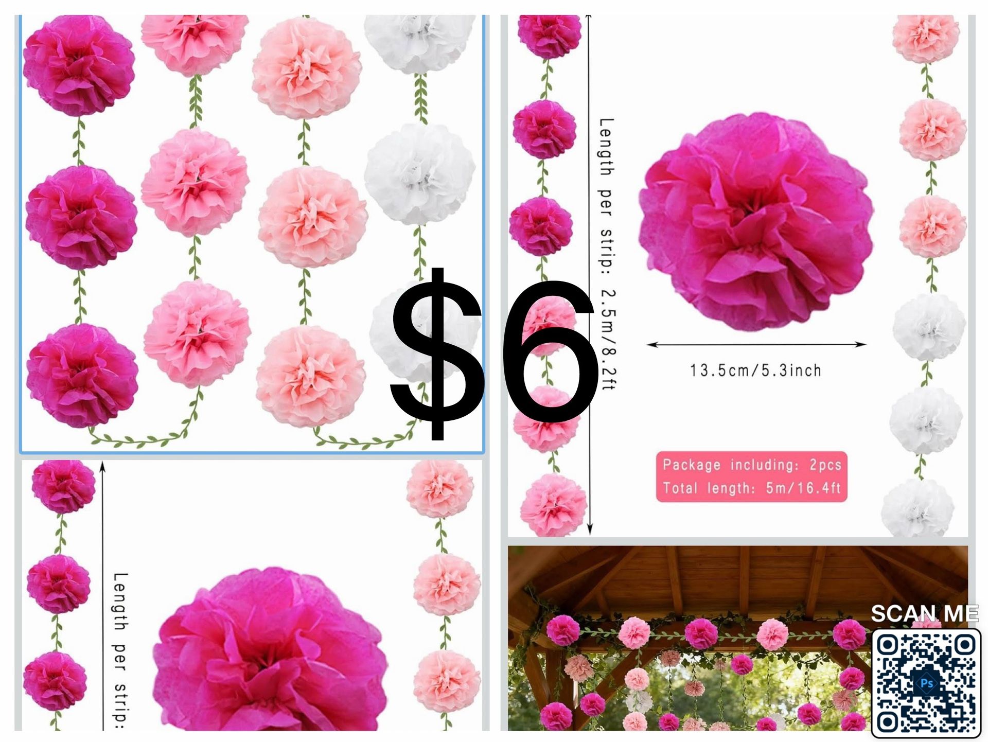 QLCBELOVE 2PCS Tissue Paper Pom Pom Garlands, Paper Flower Garland for ...