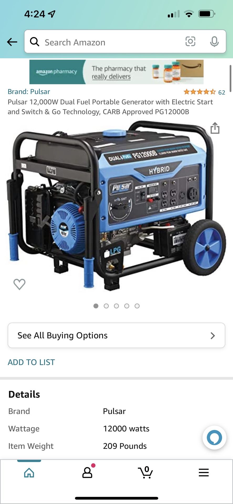 Pulsar 12,000W Dual Fuel Portable Generator with Electric Start and ...
