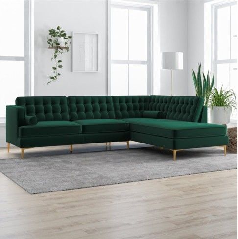 *HOLD* MCM Velvet Green Sectional Sofa Couch Chaise for Sale in Chicago ...