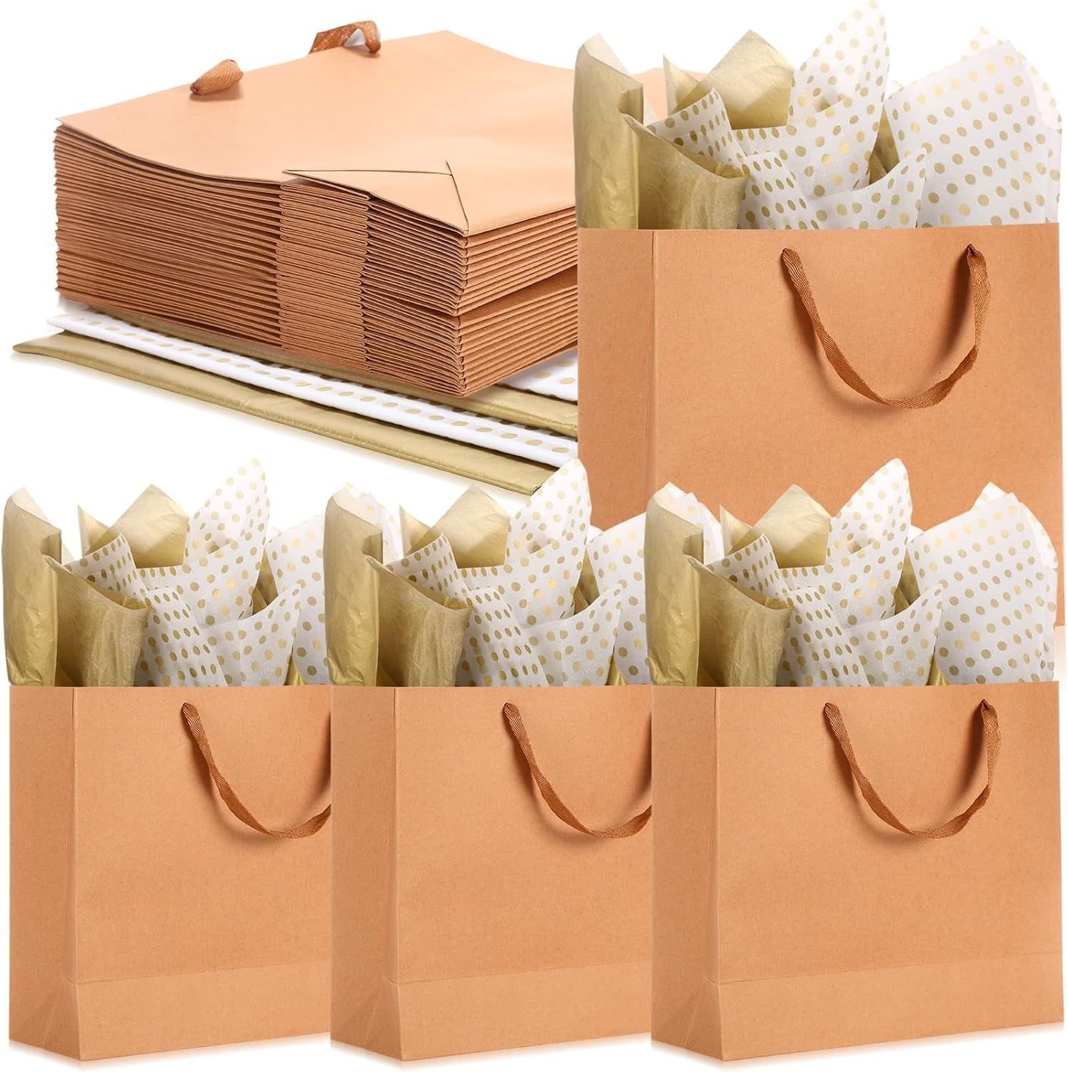Large Gift Bags w/ Tissue Paper Set, Brown, Polka Dots (24 Bags, 100 ...