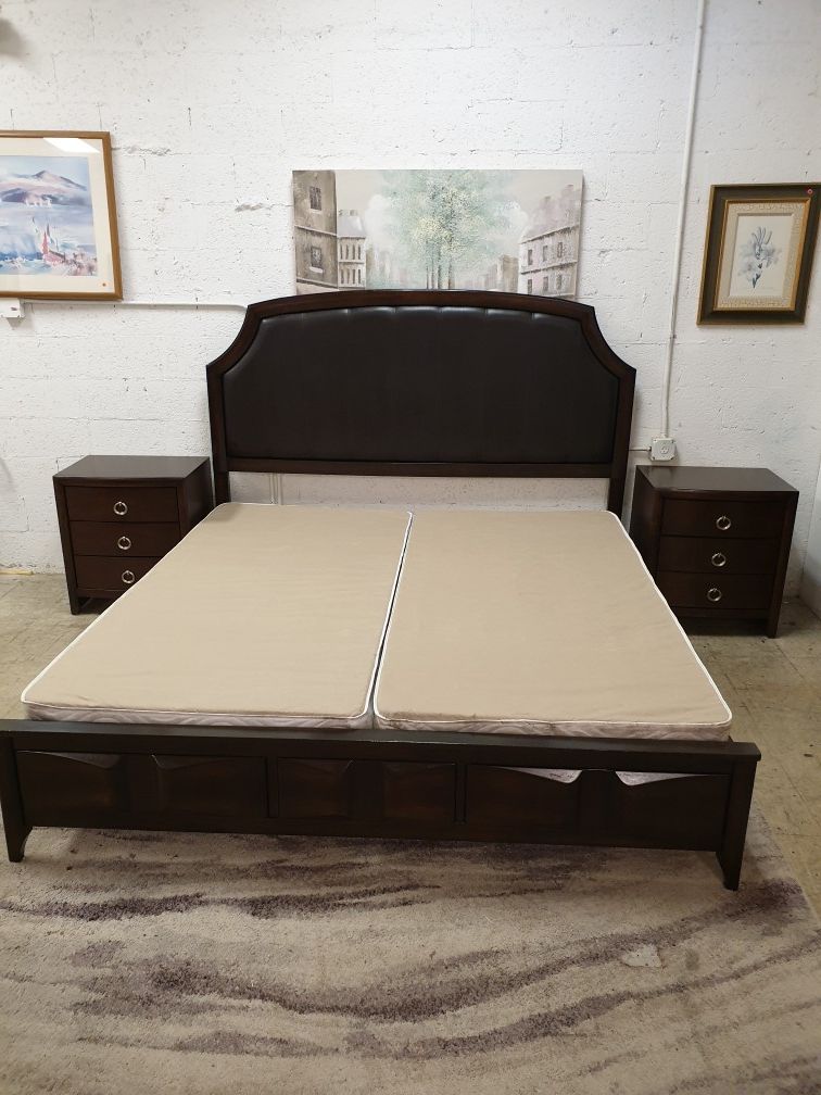 King size bed frame with box spring and 2 night stand solid wood and ...