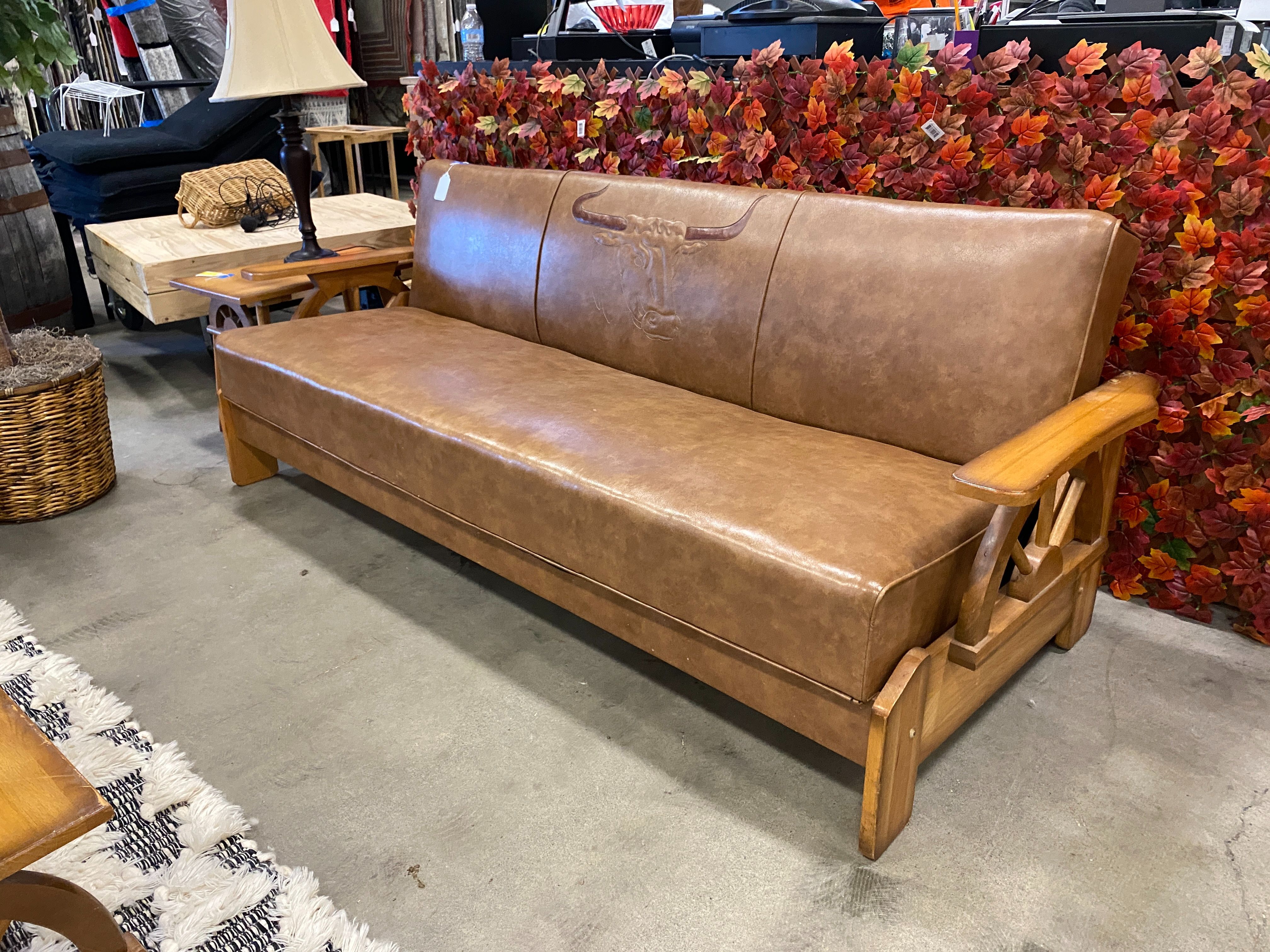 Rustic Mid-Century Brown Leather Wagon Wheel Bull Embroidered Storage ...