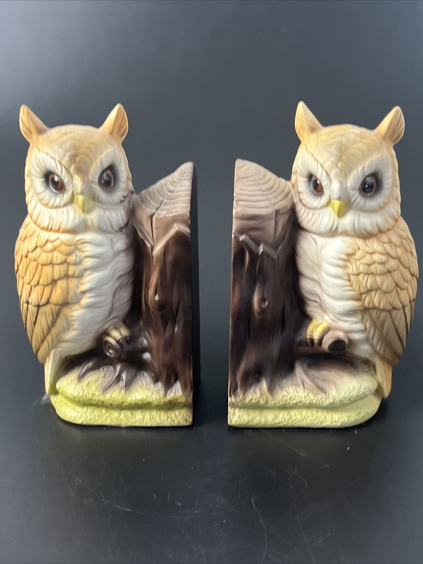 Vintage Set of Ceramic Horned Night Owl Bookends On Tree Stumps Japan ...