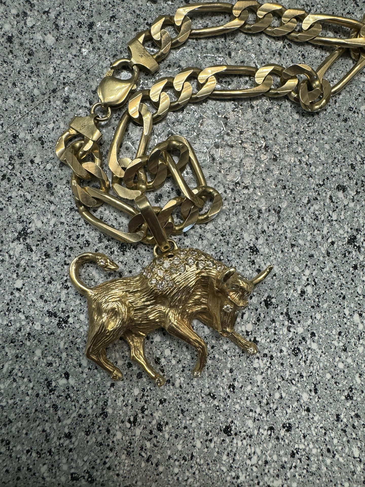 14k 14kt Yellow Gold Figaro Chain Diamond Bull Pendant for Sale in ...