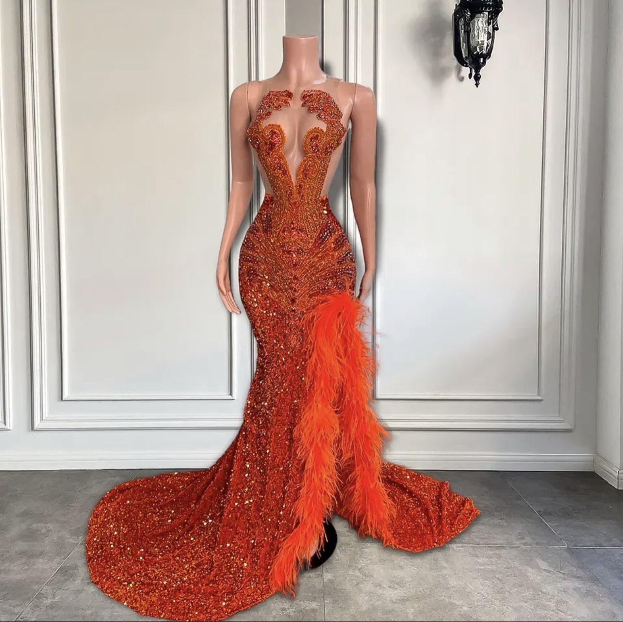Luxury Long Orange Prom Dress 2023 Sexy Side Slit Feather Sheer Round