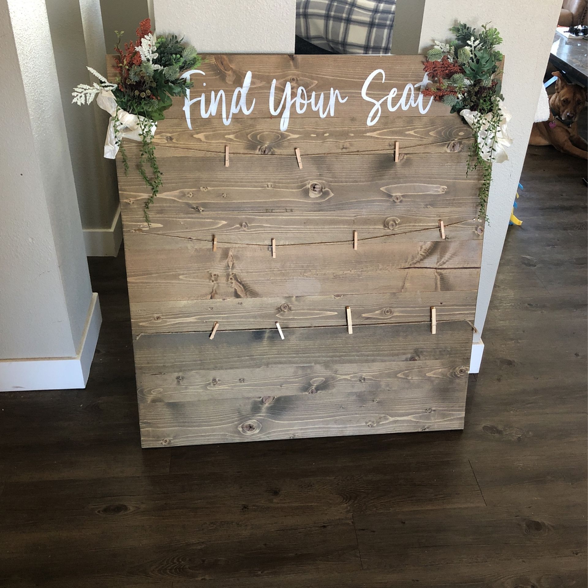 Wedding Seating Chart - Real Wood, Fake Flowers, Twine And Clothes Pins ...