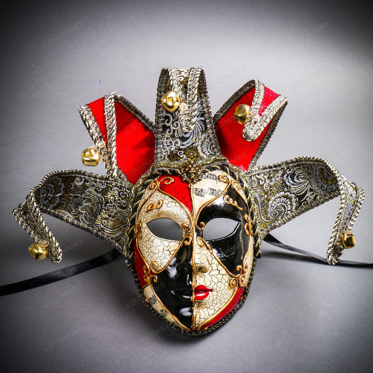 Jester Joker Venetian Masquerade Full Face Mask with Bells - Red Black ...