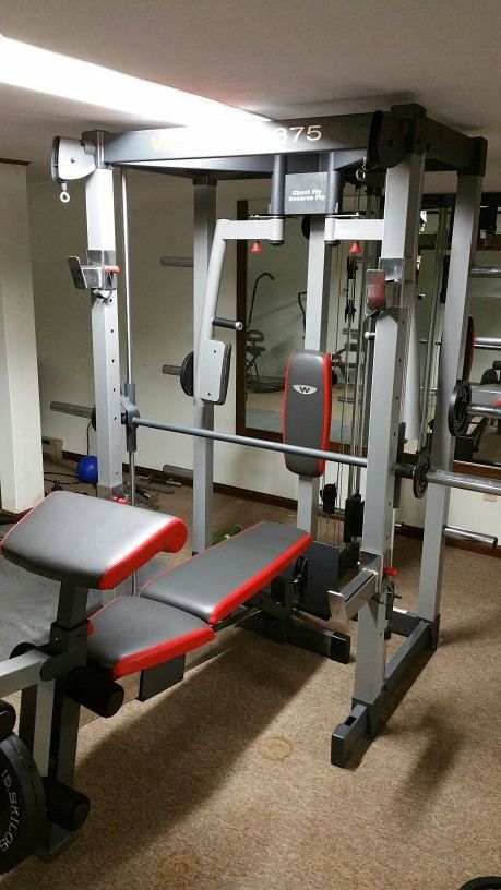 Weider Smith Machine with Cable Pulley, Bench, and Weights for Sale in ...
