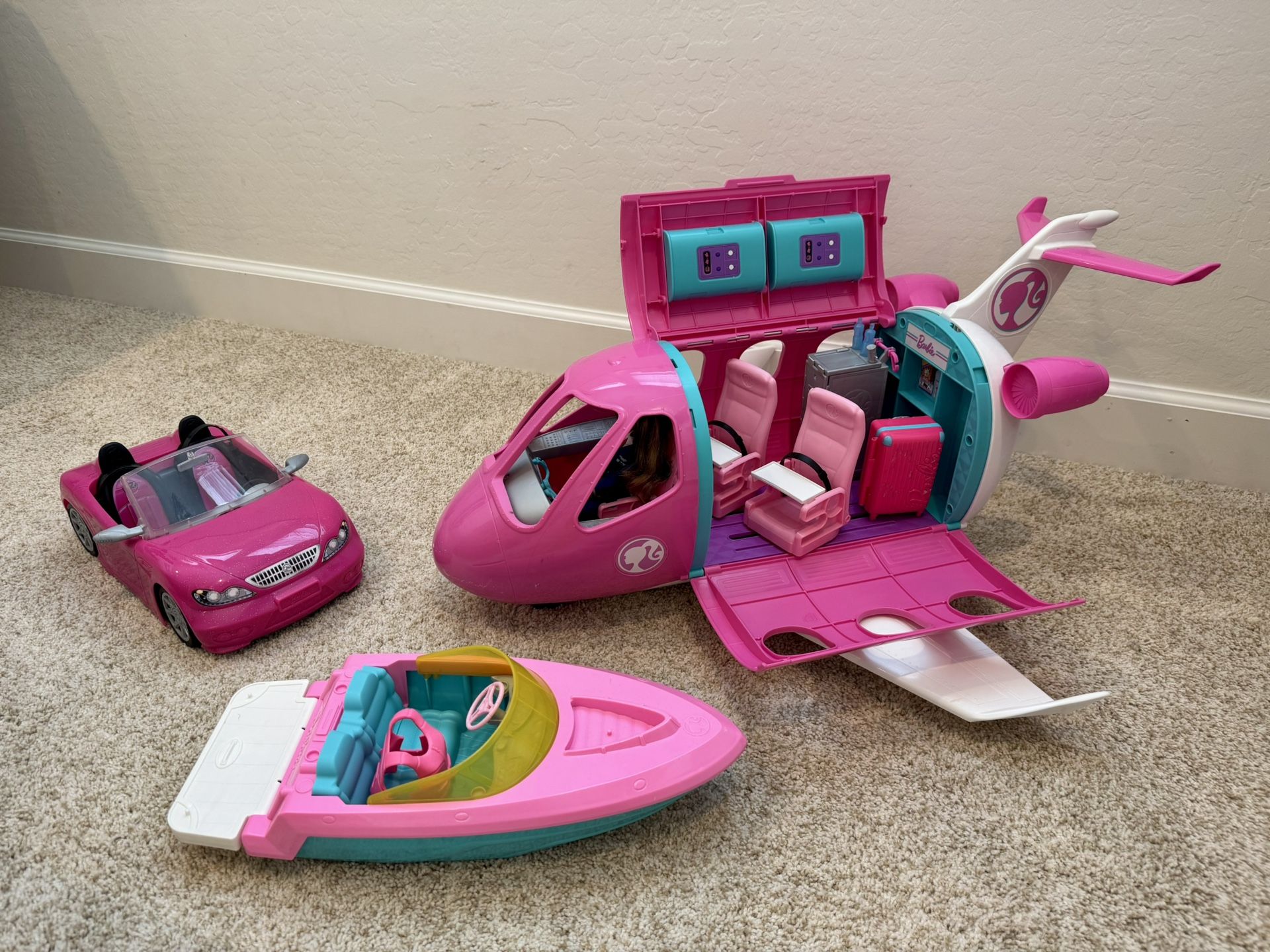Barbie Transportation Set - Dreamplane, Pink Car, Speedboat for Sale in ...