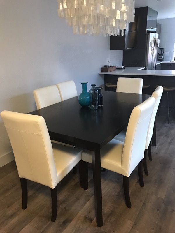 West Elm Angled-Leg Expandable Table w/ white, modern Kasala Chairs for ...