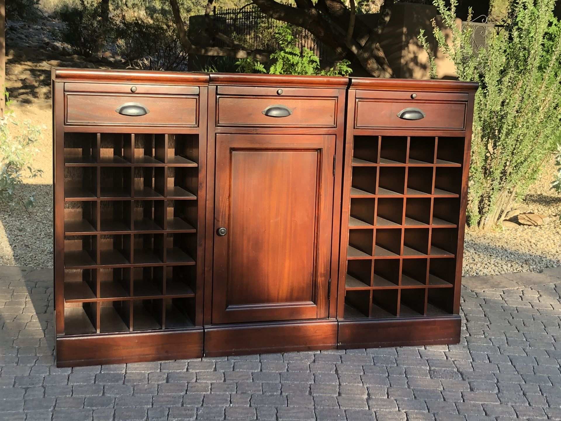 Pottery barn three-piece wine buffet with pull out table top drawers ...