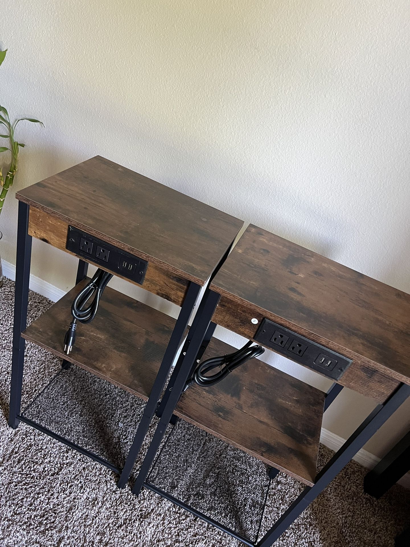 Set Of 2 Tall End Tables With Charging Station, 3-Tier Telephone Tables ...